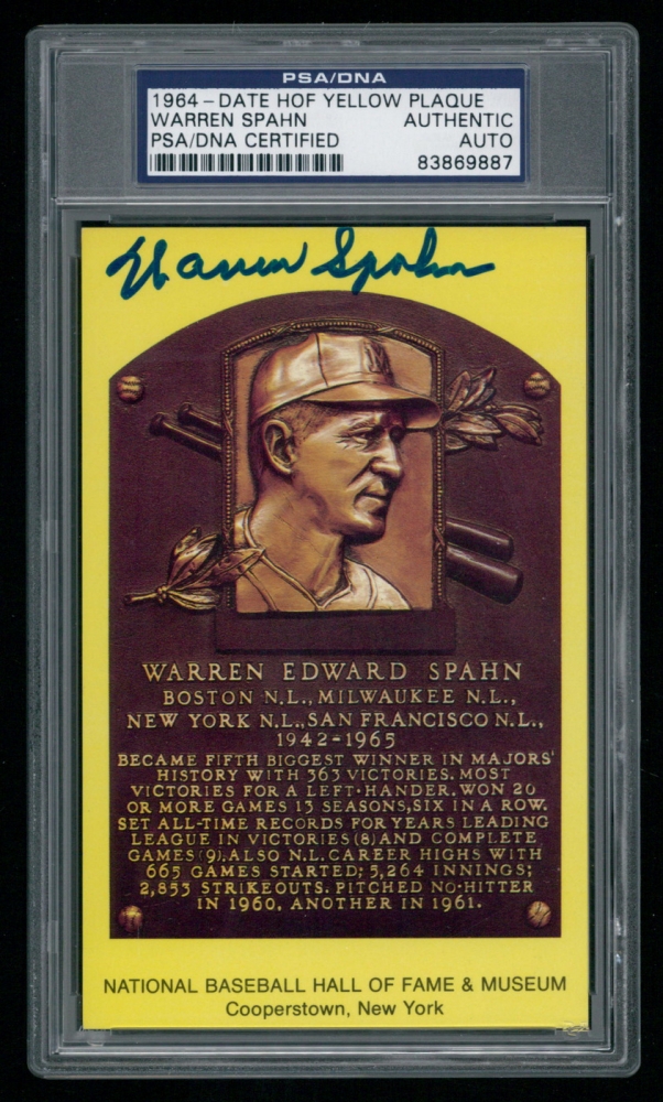 Warren Spahn Signed Gold Hall of Fame Plaque Postcard (PSA) | Pristine ...