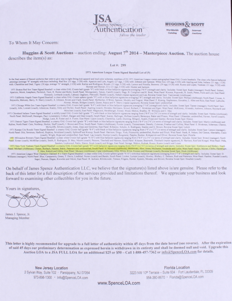 1971 Yankees Team-Signed OAL Baseball Signed by (31) with Including Mel ...