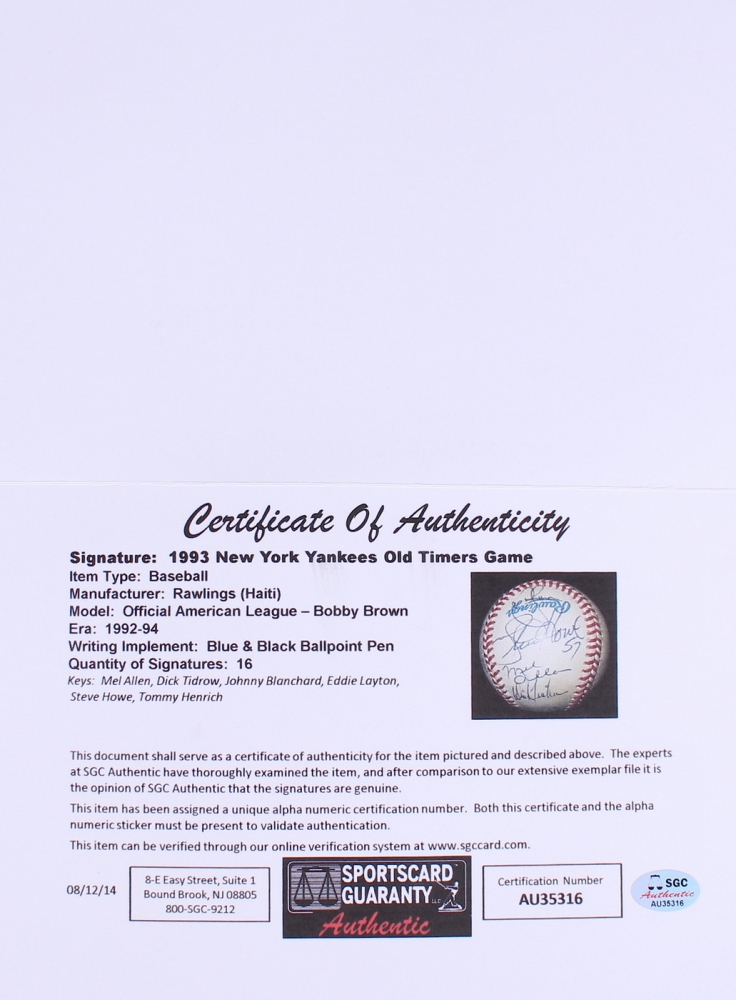 1993 New York Yankees Old Timers Game Signed OAL Baseball With (16 ...