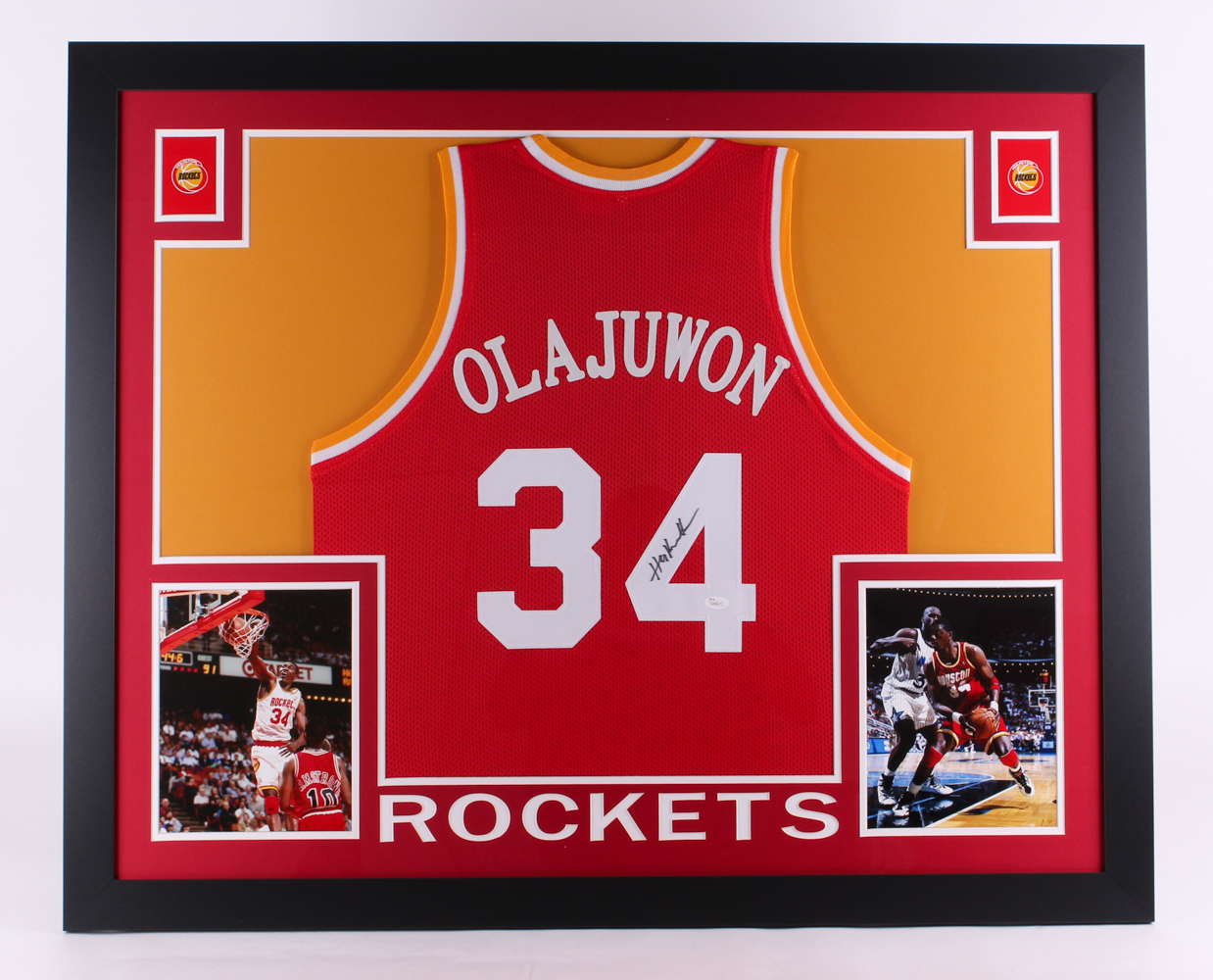 Hakeem Olajuwon Signed Rockets 35" x 43" Custom Framed Jersey (JSA COA ...