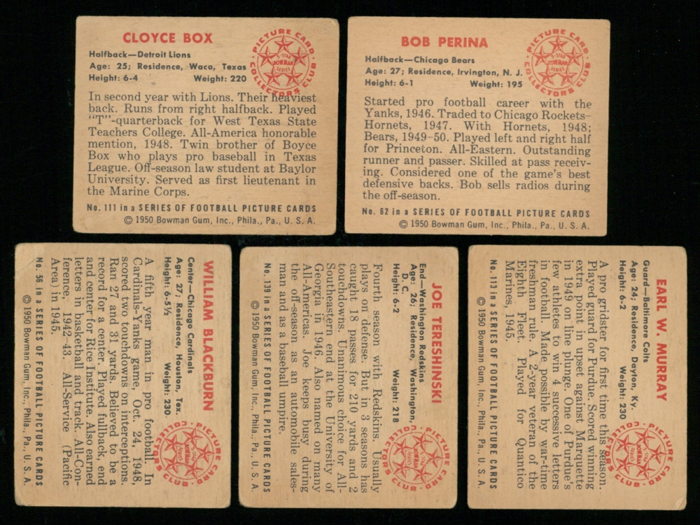 Lot of (5) 1950 Bowman Football Cards Including Cloyce Box #111, Bob ...