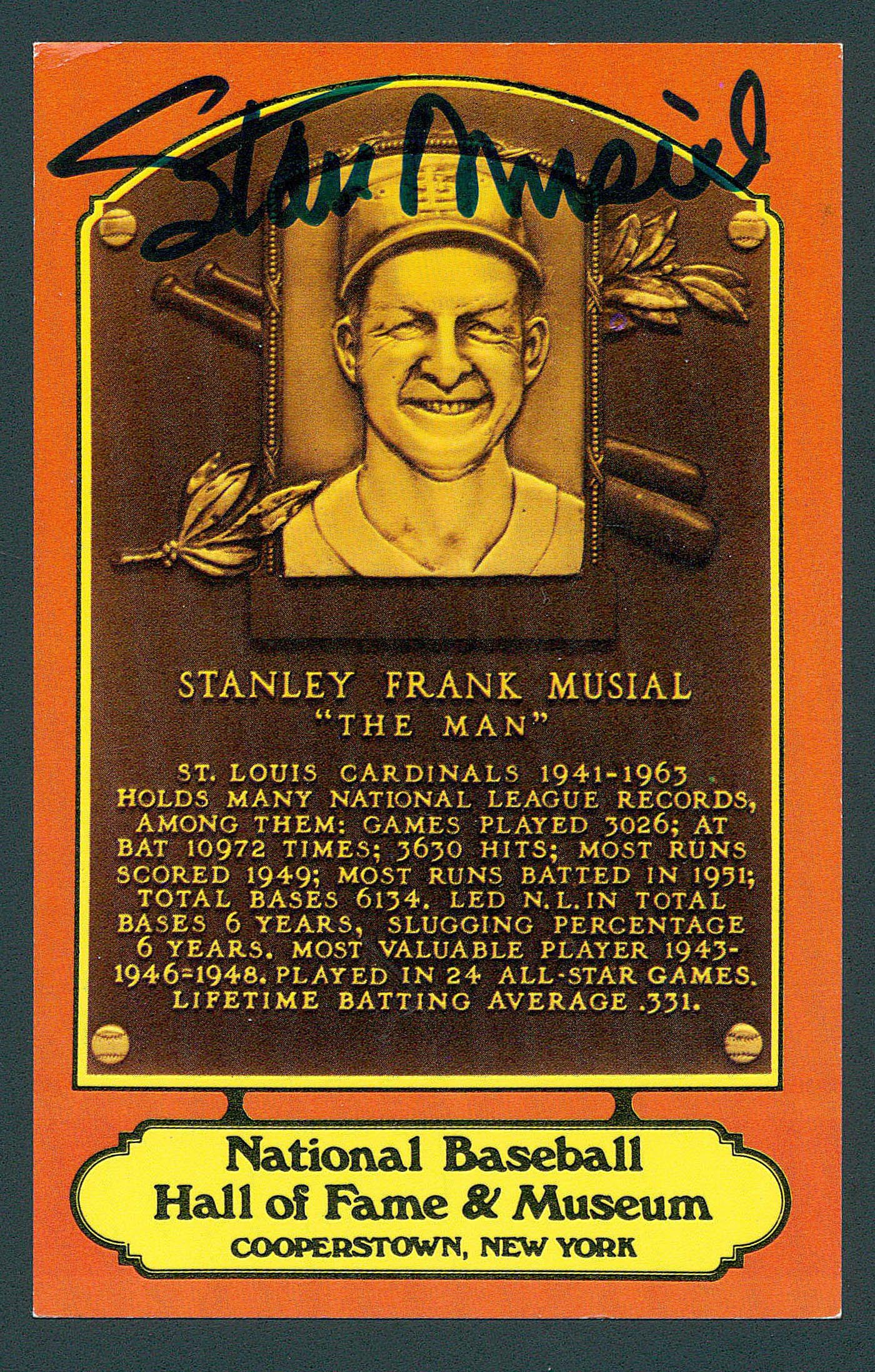 Stan Musial Signed Hall of Fame Postcard (Autograph Reference COA ...