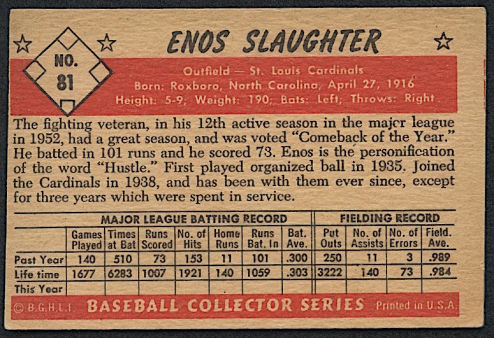 Enos Slaughter 1953 Bowman Color #81 | Pristine Auction