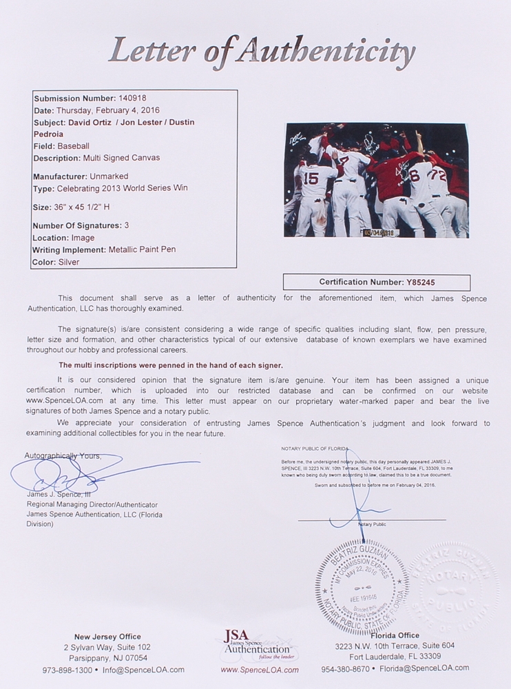 David Ortiz, Dustin Pedroia & Jon Lester Signed Red Sox "2013 World ...