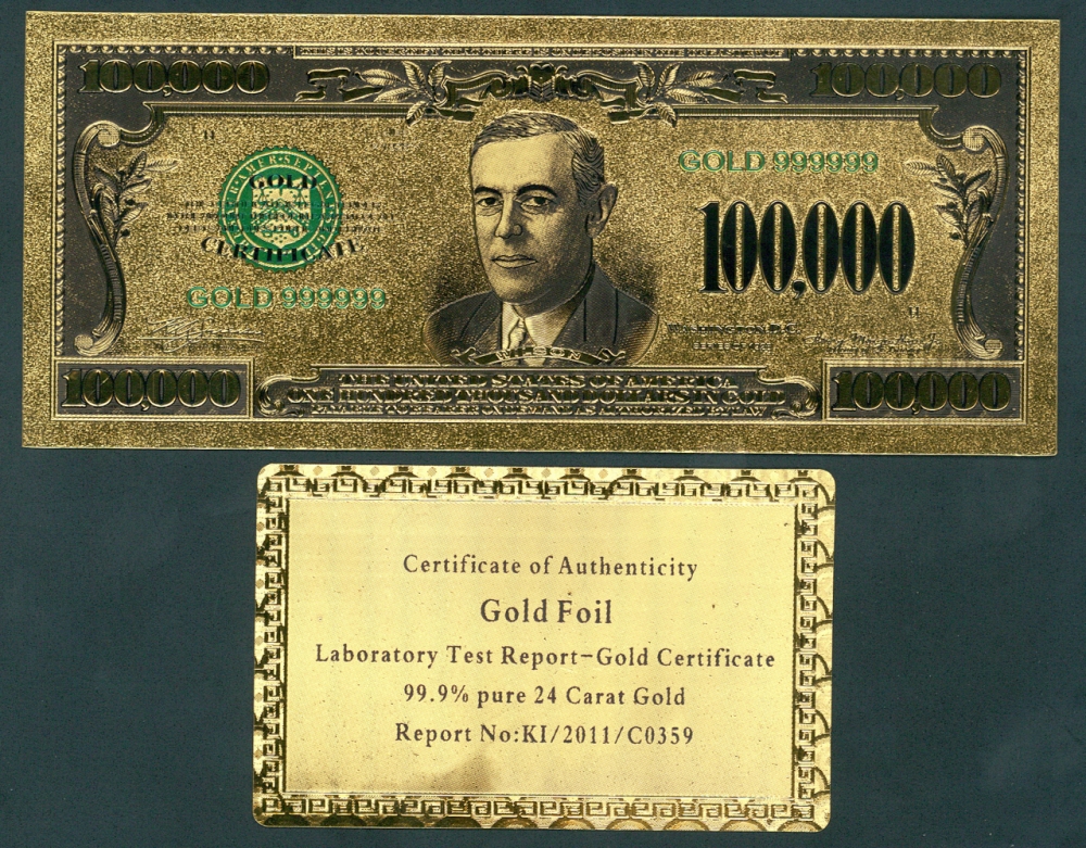 24K Gold US $100,000 Banknote Bill | Pristine Auction