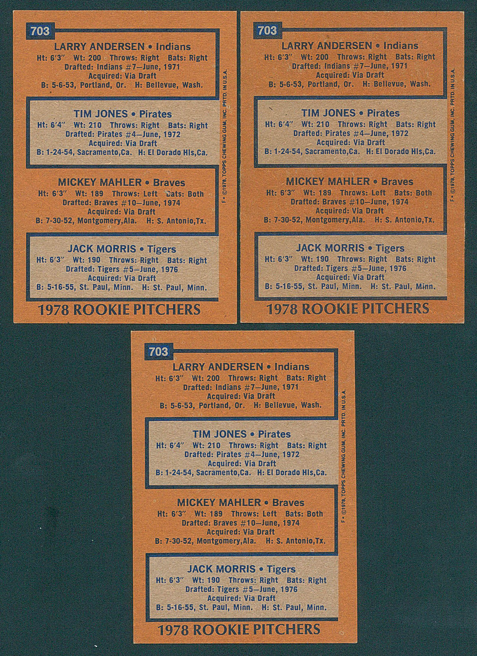 Lot of (3) 1978 Topps #703 Rookie Pitchers / Larry Anderson RC / Tim ...