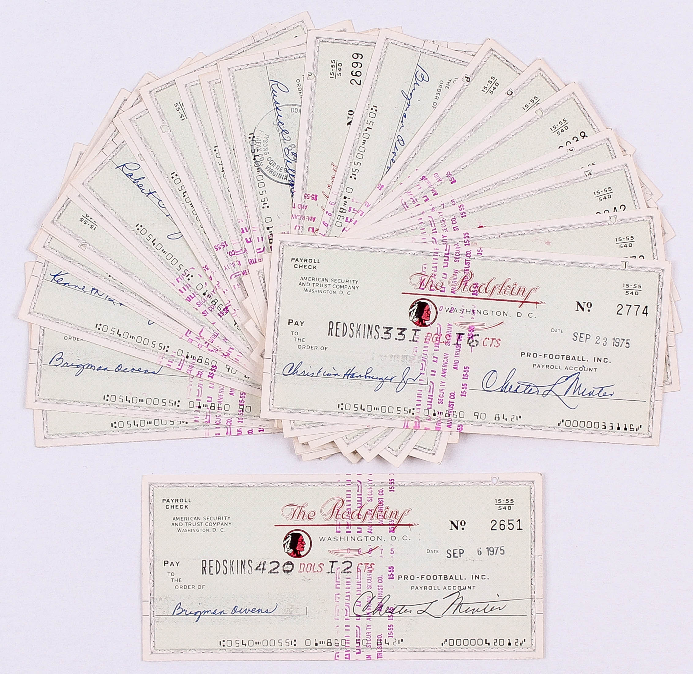 Lot of (28) Signed 1975 Washington Redskins Player Endorsed Payroll ...