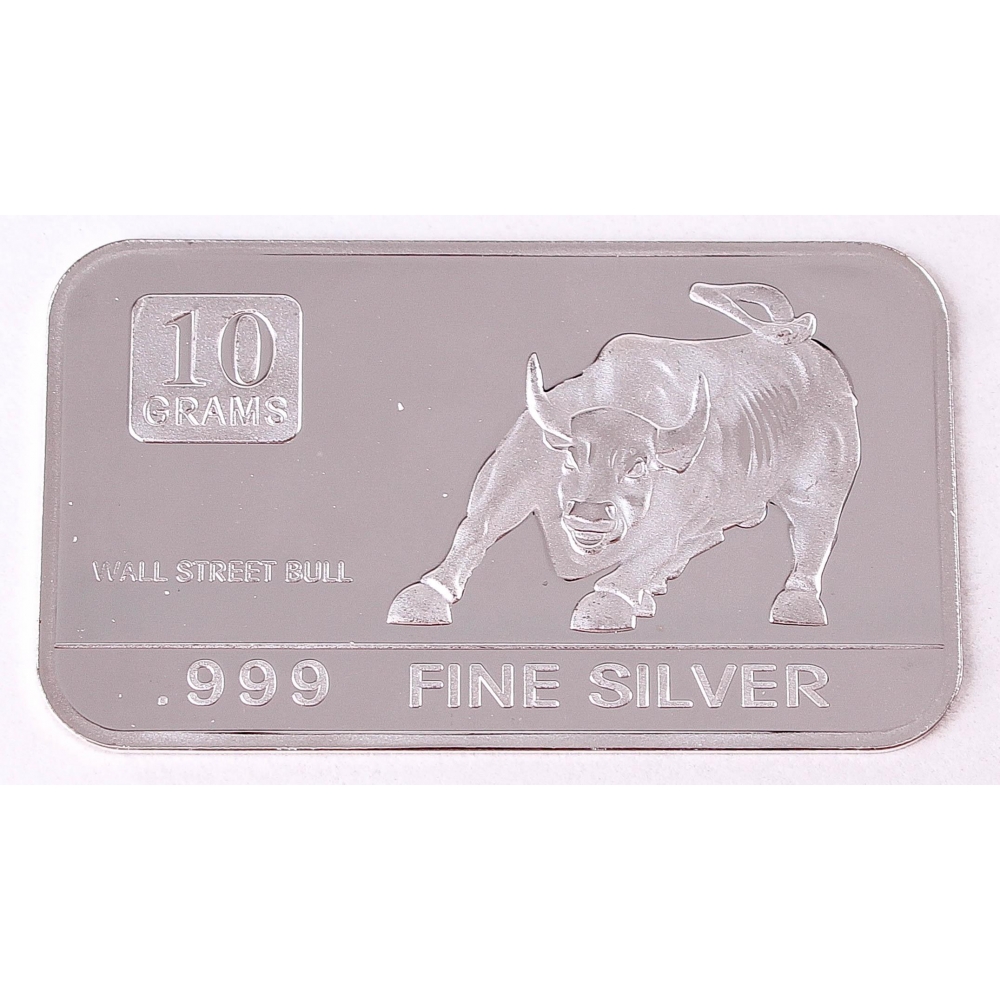 10 Grams .999 Silver Wall Street Bull Bullion Bar | Pristine Auction