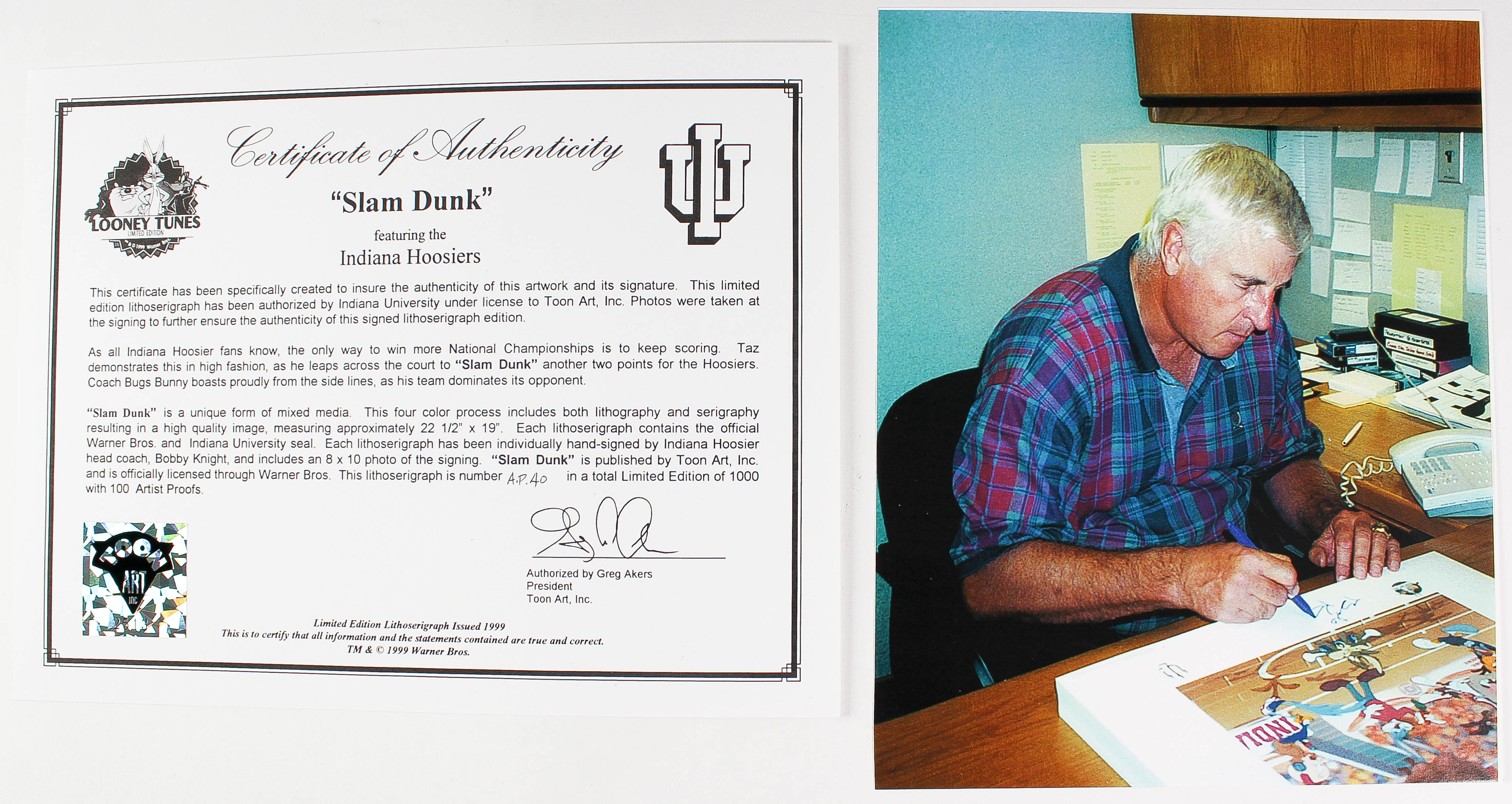 Bobby Knight Signed Looney Tunes "Slam Dunk" LE 19x23 Lithograph (Toon ...