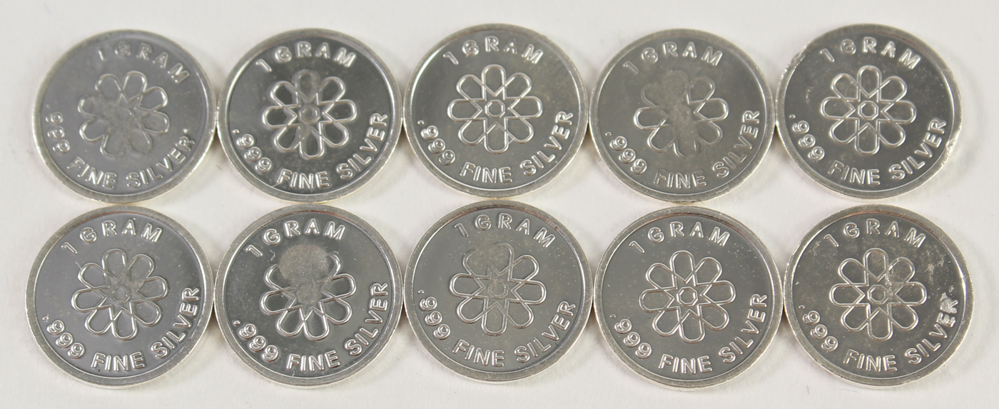 Lot of (10) 1 Gram Pure .999 Fine Silver Bullion Coins with a Unique ...