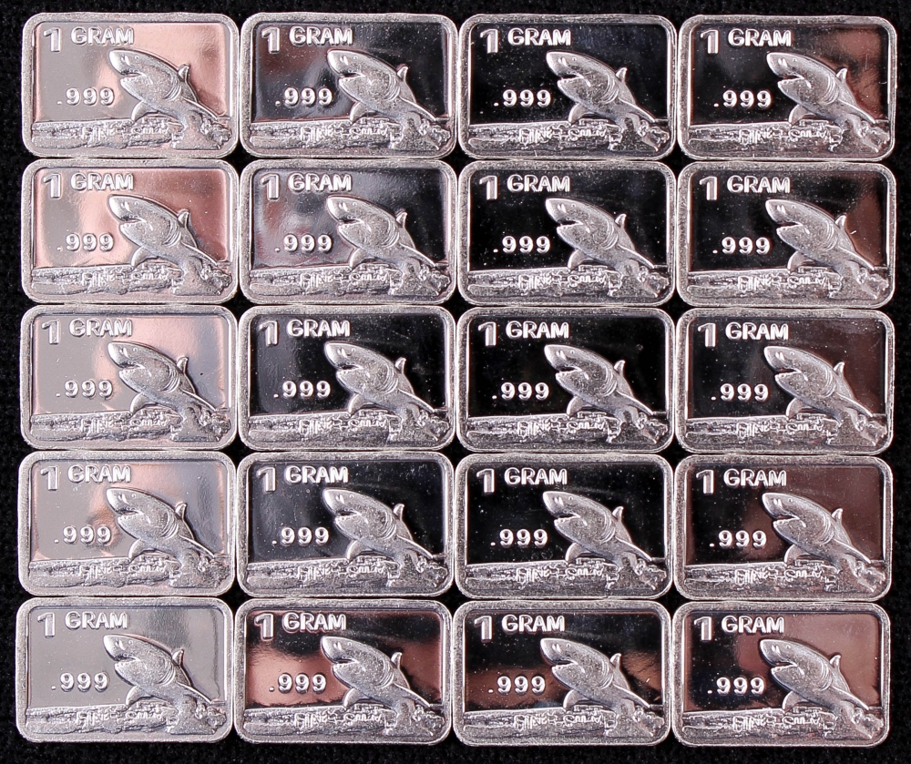 Lot of (20) 1 Gram .999 Silver Shark Bullion Bars | Pristine Auction