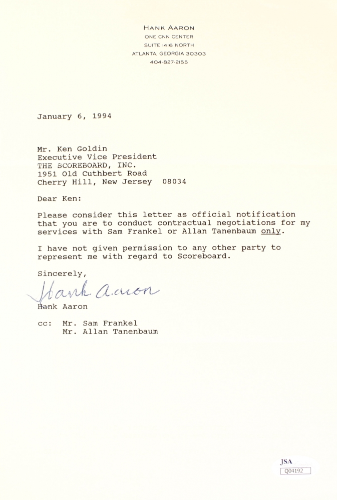 Hank Aaron Signed Vintage 1994 Typed Letter (JSA COA) | Pristine Auction
