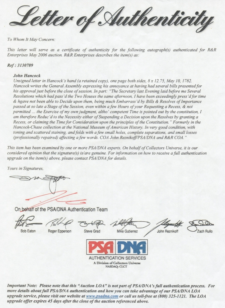 John Hancock Hand-Written Word from 1782 Document (PSA ALOA & R&R COA ...