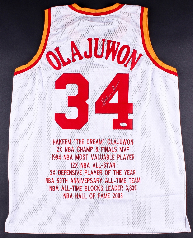 Hakeem Olajuwon Signed Rockets Career Highlight Stat Jersey (JSA COA ...