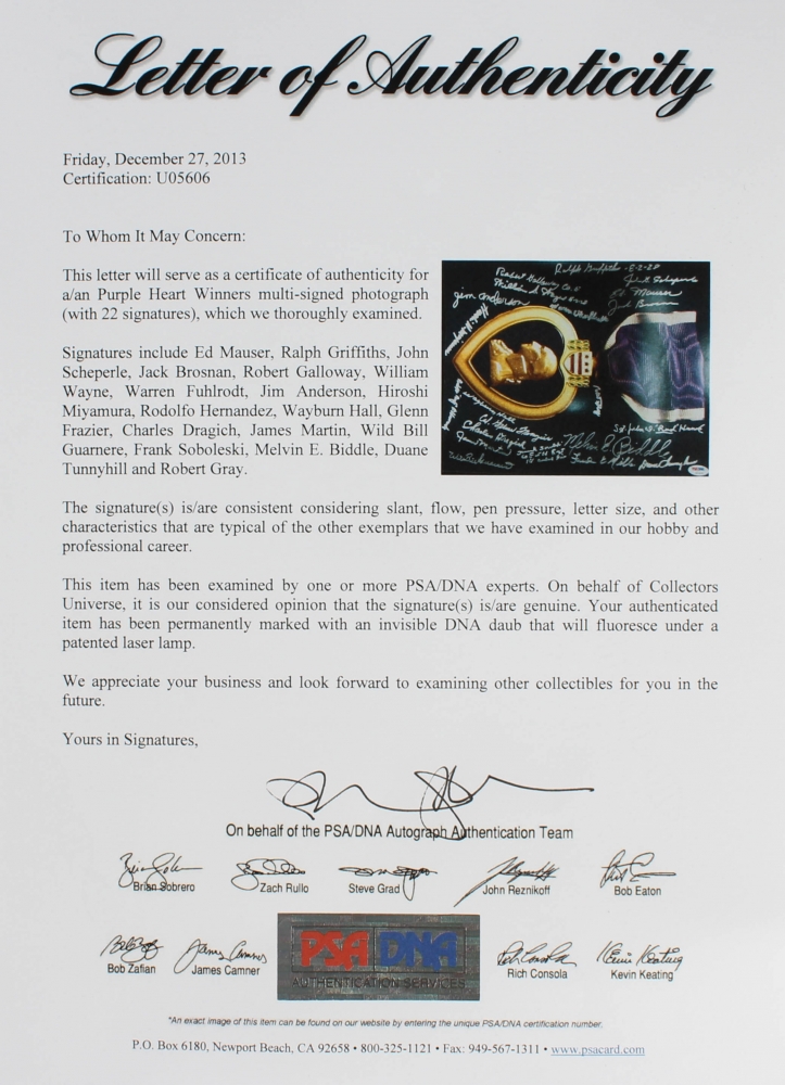 Multi-Signed Purple Heart Recipients 11x14 Photo with (22) Signatures ...
