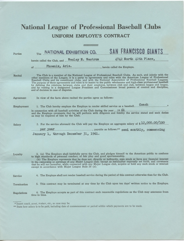 Wes Westrum Signed Original 1961 San Francisco Giants Baseball Coaching ...