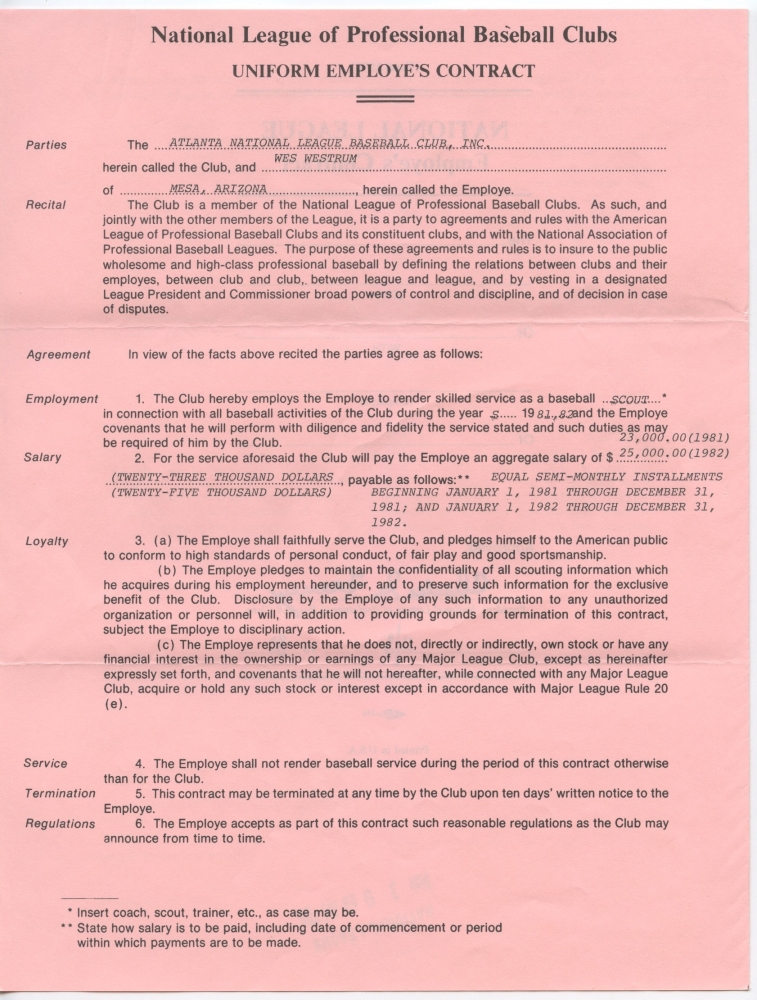 Wes Westrum Signed Original 1981 & 1982 Atlanta Braves Baseball Scout ...