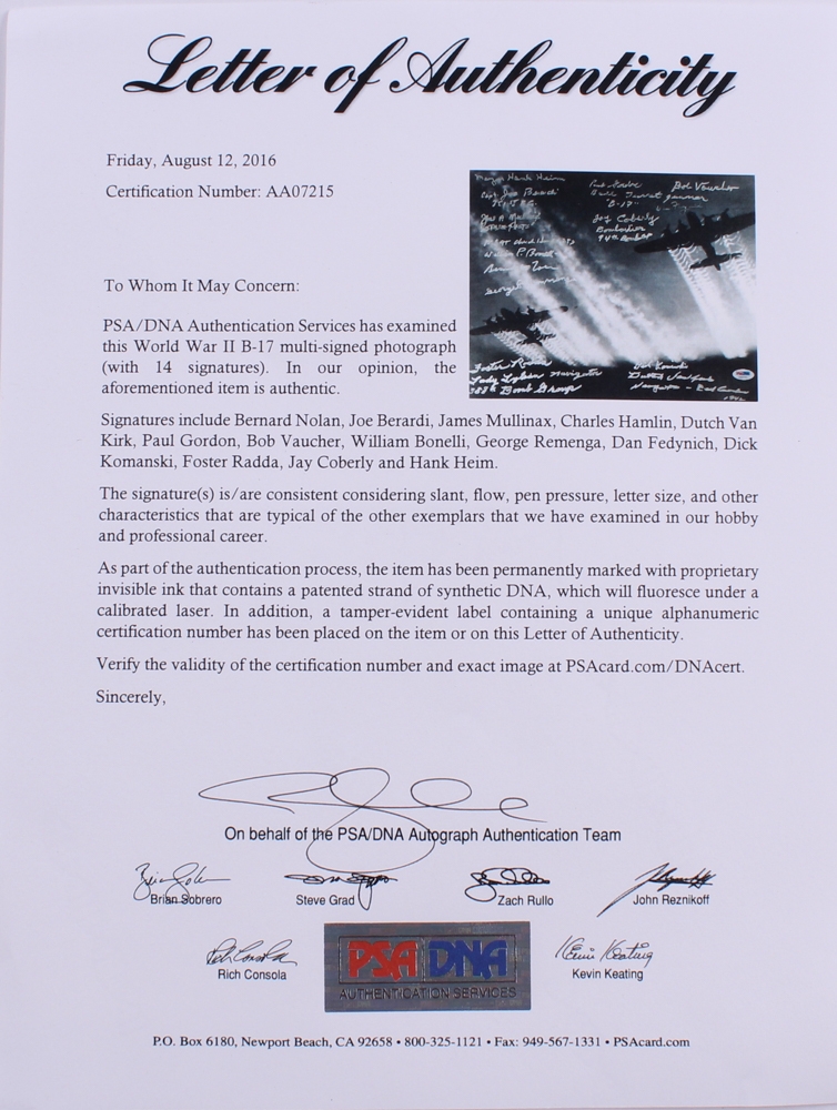 World War II B-17 11x14 Photo Signed by (14) With Hank Heim, Joe ...