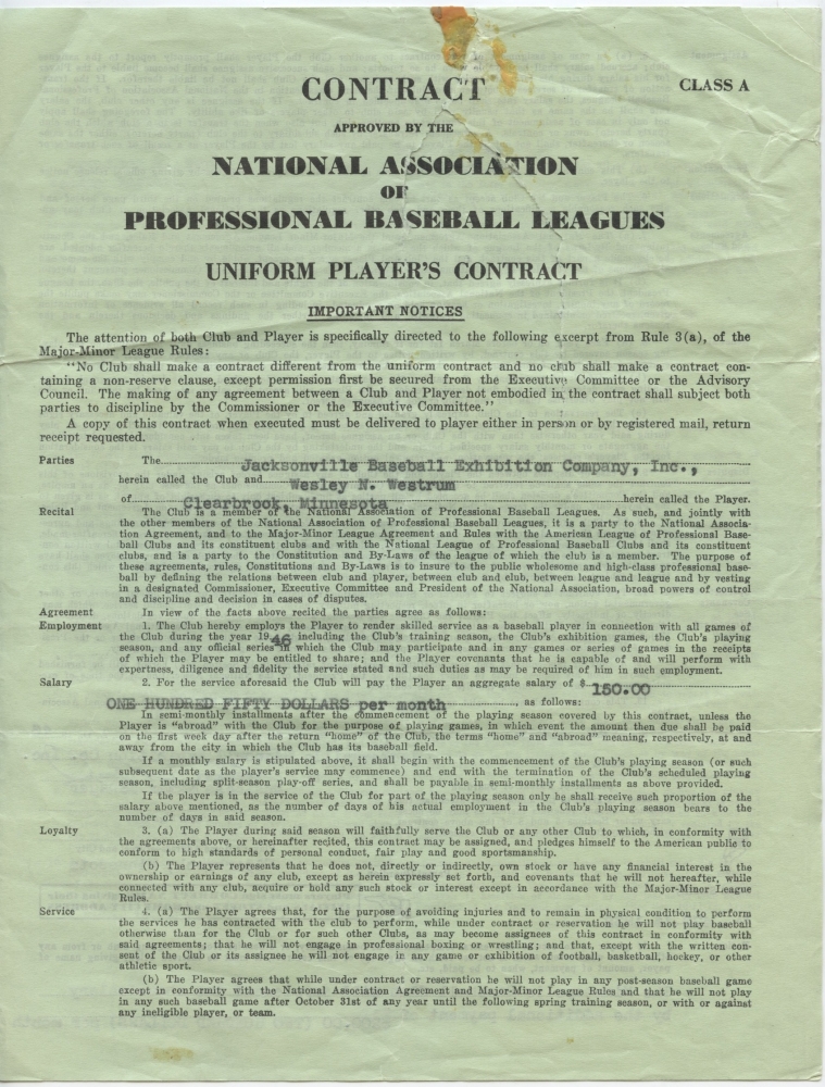 Wes Westrum Original 1946 Jacksonville Class A Minor League Baseball ...