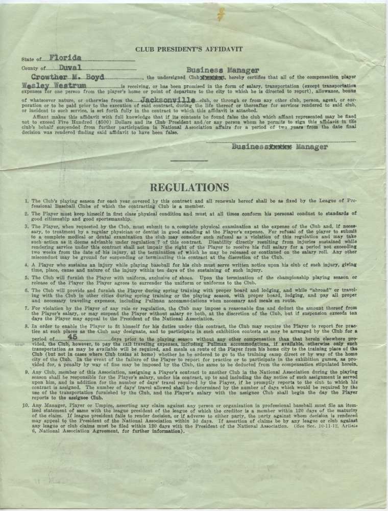 Wes Westrum Original 1946 Jacksonville Class A Minor League Baseball ...