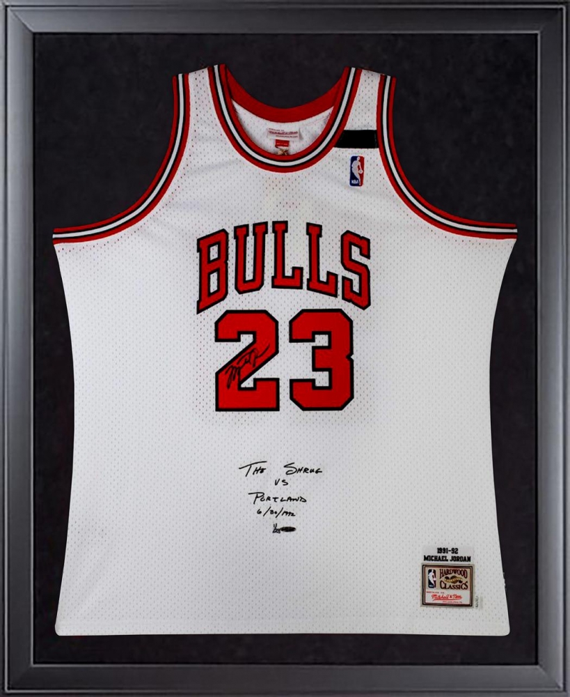 Michael Jordan Signed 1992 Bulls "The Shrug" LE 32x44 Custom Framed Jersey Display (UDA COA ...