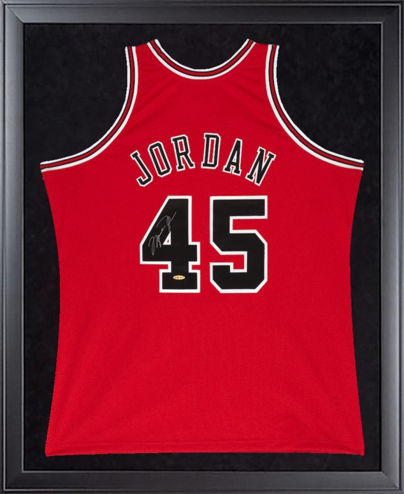 Michael Jordan Signed Bulls 32x44 Custom Framed Mitchell & Ness Jersey Display (UDA COA ...