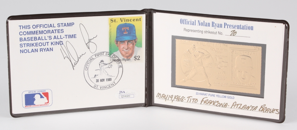 Nolan Ryan Signed Rangers Commemorative 23k Karat Gold Stamp (JSA COA ...