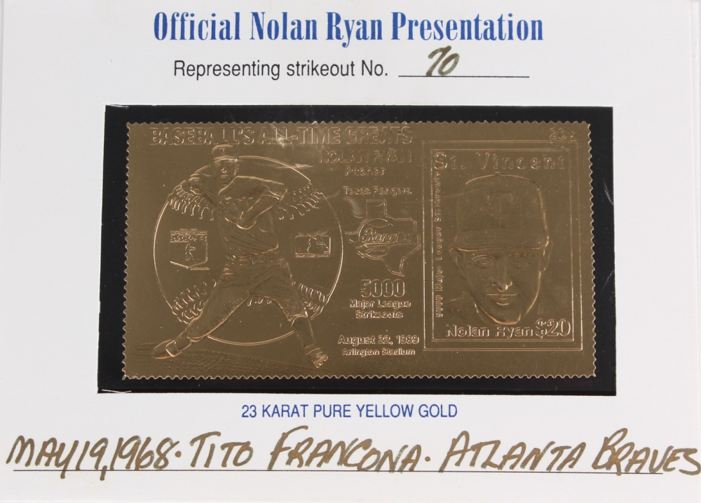Nolan Ryan Signed Rangers Commemorative 23k Karat Gold Stamp (JSA COA ...