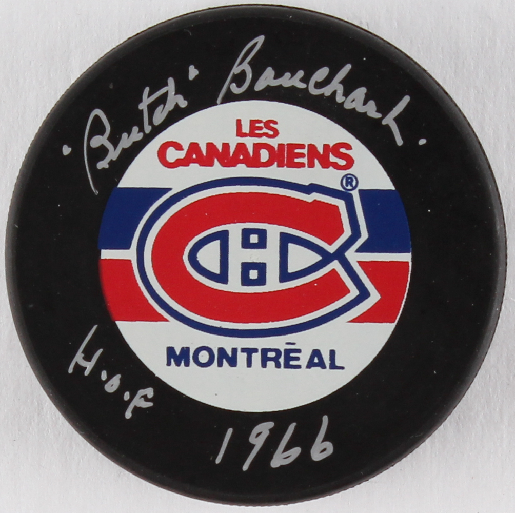 Emile "Butch" Bouchard Signed Canadiens Logo Hockey Puck Inscribed "HOF ...