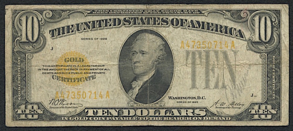 1928 $10 Ten Dollar U.S. Gold Certificate Currency Note | Pristine Auction
