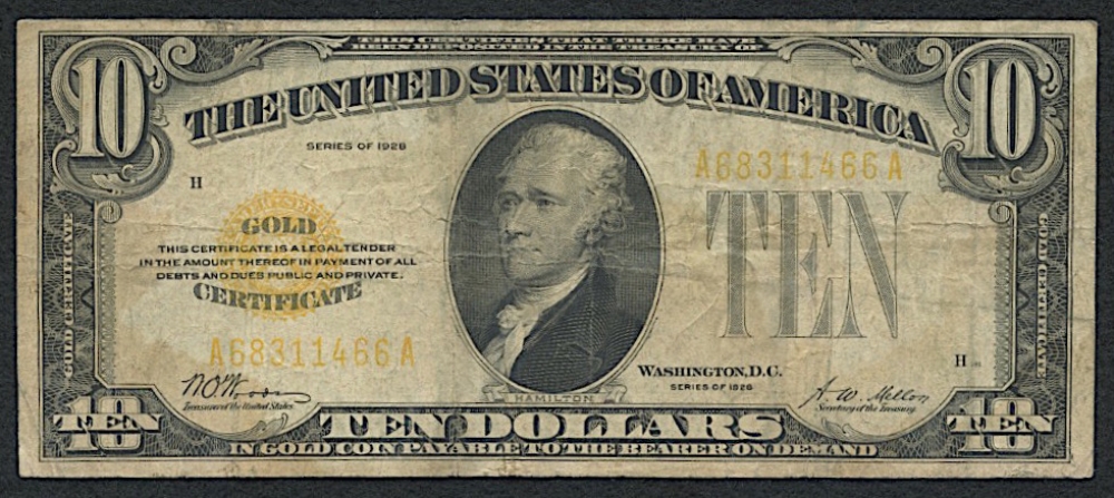 1928 $10 Ten Dollar U.S. Gold Certificate Currency Note | Pristine Auction