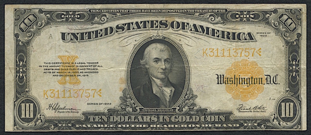 1922 $10 Ten Dollar U.S. Gold Certificate Currency Note (Fr. 1173 Large ...
