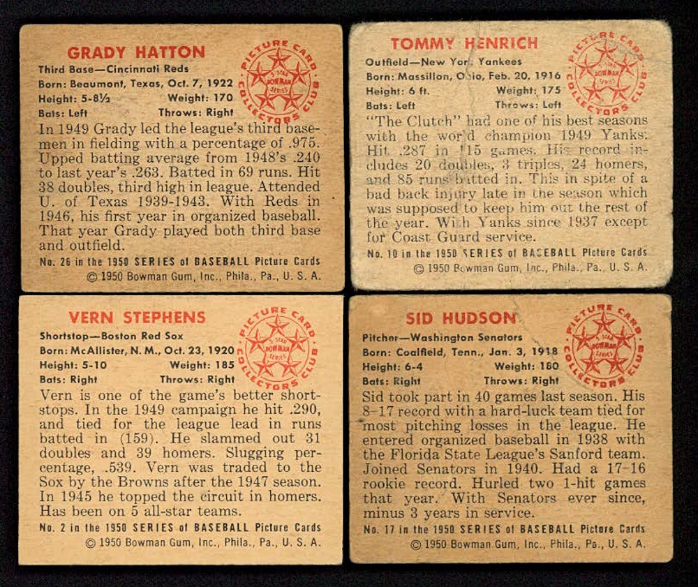Lot of (4) 1950 Bowman Baseball Cards with #2 Vern Stephens, #10 Tommy ...