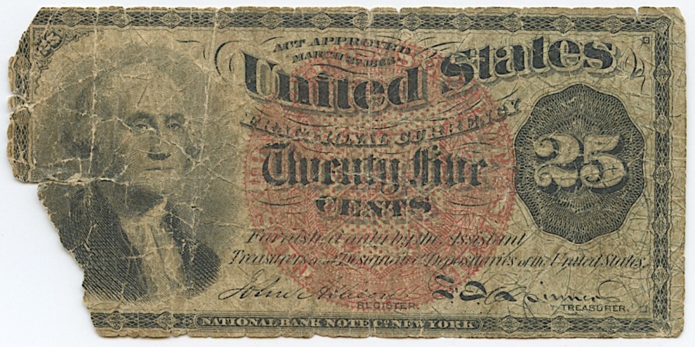 1863 United States $.25 Twenty Five Cents Fractional Bank Note Bill ...