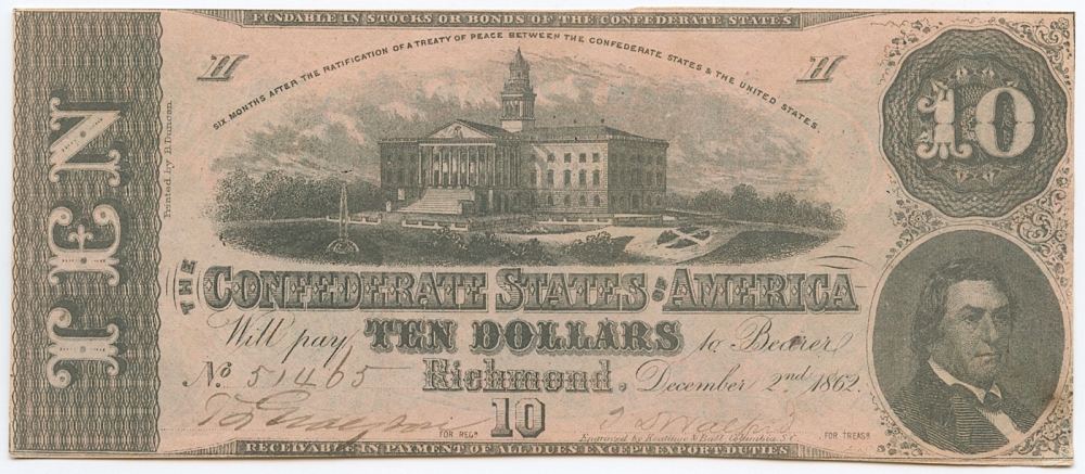 1862 $10 Ten Dollars Confederate States of America Richmond CSA Bank ...