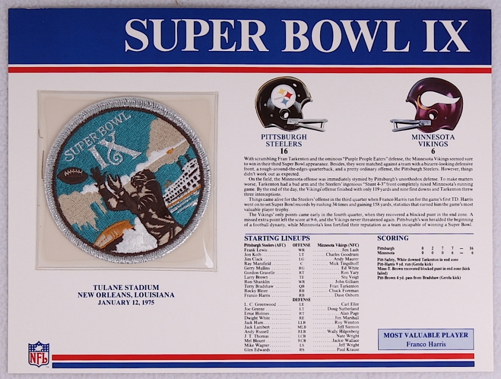 Willabee & Ward Official Super Bowl IX Patch Card With 12" x 9 ...