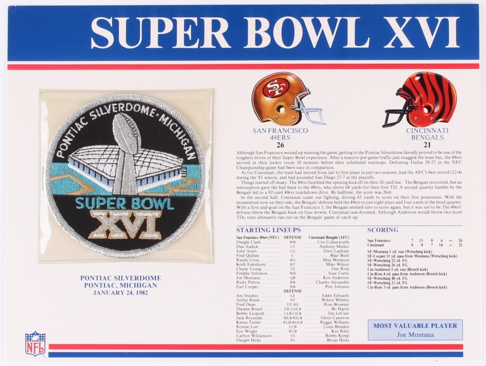 Willabee & Ward Official Super Bowl XVI Patch Card with 12" x 9 ...