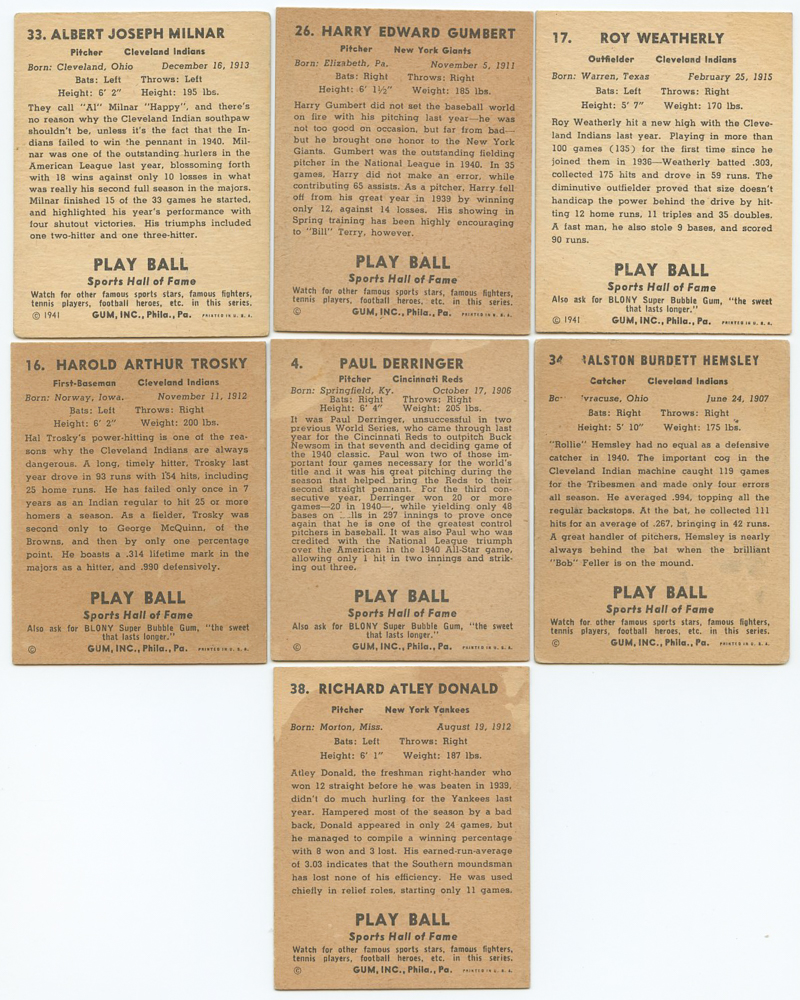 Lot of (7) 1941 Play Ball Cards with #4 Paul Derringer, #16 Hal Trosky ...