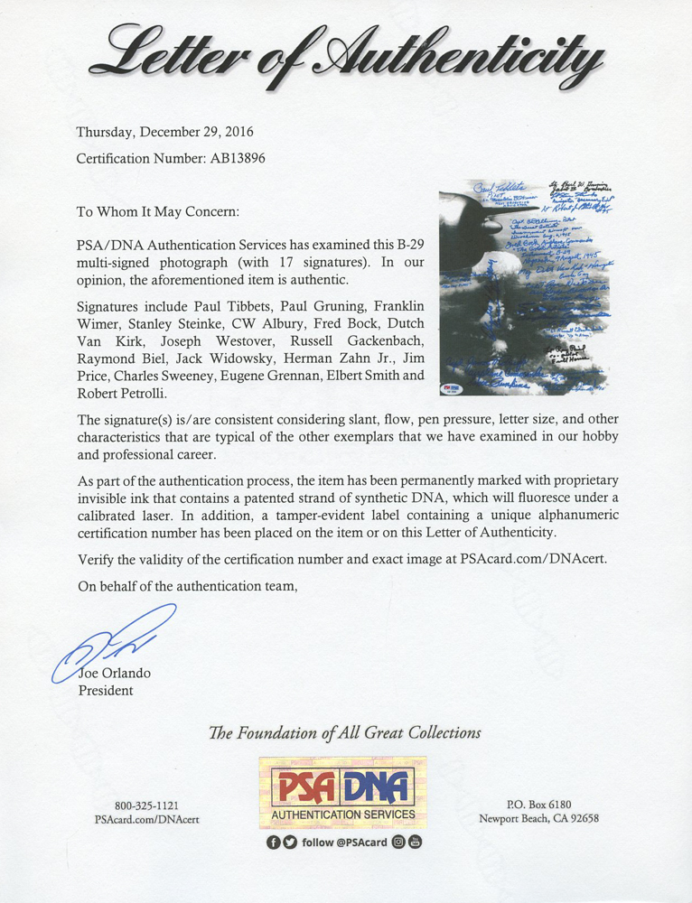 B-29 8x10 Photo Signed by (17) Composite Group Members with Paul ...