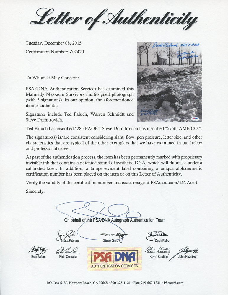 Ted Paluch, Warren Schmidtt & Steve Domitrovich Signed "Malmedy ...