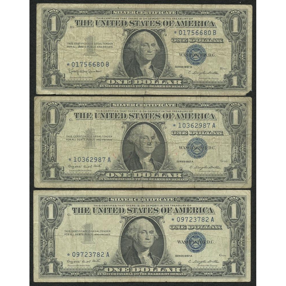 Lot of (3) 1957 Star Note $1 One-Dollar Blue Seal Silver Certificates ...