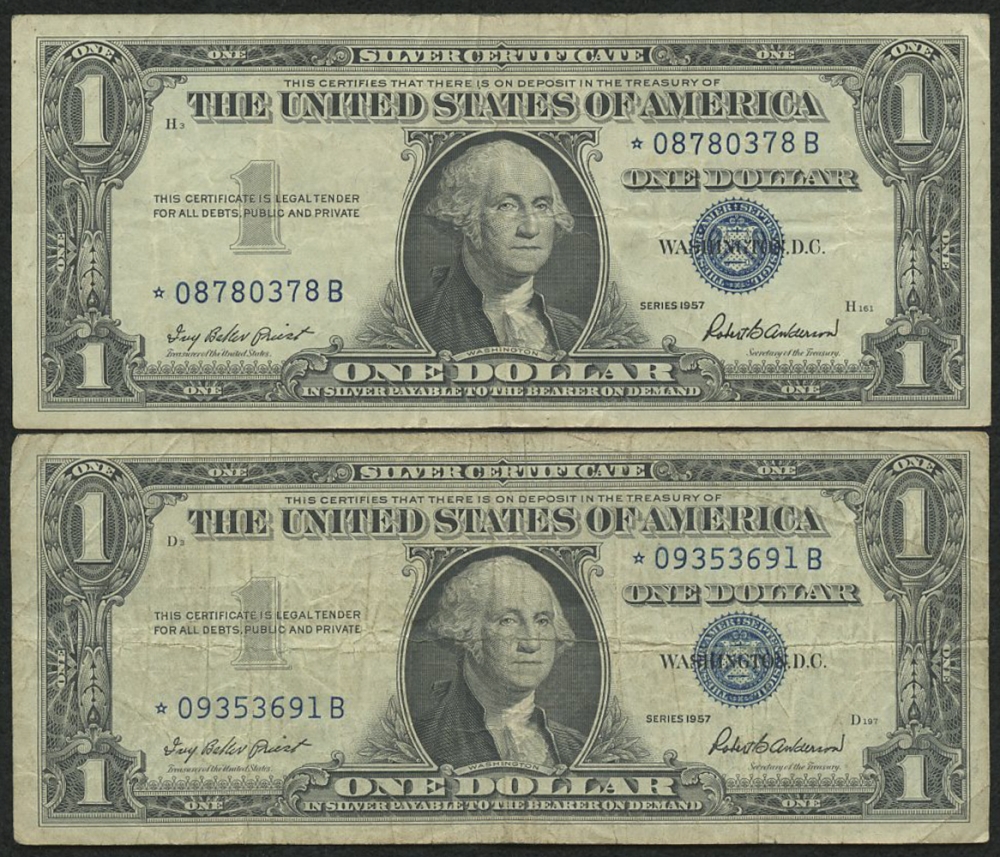 Lot of (2) 1957 Star Note $1 One-Dollar Blue Seal Silver Certificates ...