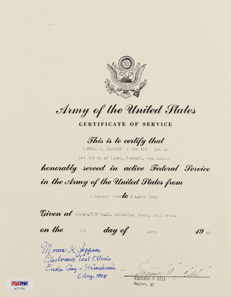 Morris R. Jeppson Signed 8.5x11 Army Separation Document Inscribed ...
