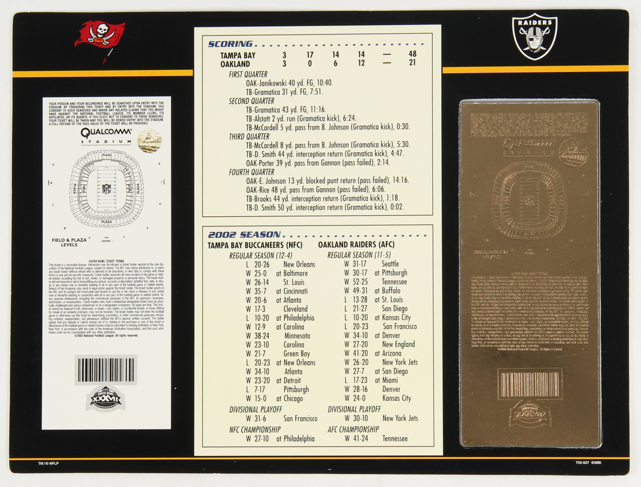 Commemorative Super Bowl XXXVII Score Card With 22 Kt Gold Ticket: Buccaneers vs Raiders ...