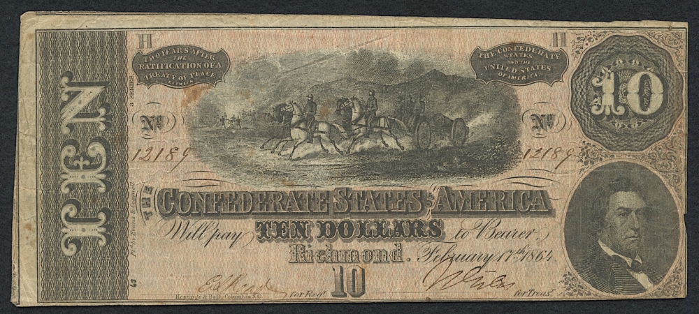 1864 $10 Ten Dollars Confederate States of America Richmond CSA Bank ...