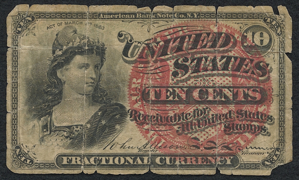1863 United States $.10 Ten Cents Fr. 1258 Fractional Bank Note Bill ...