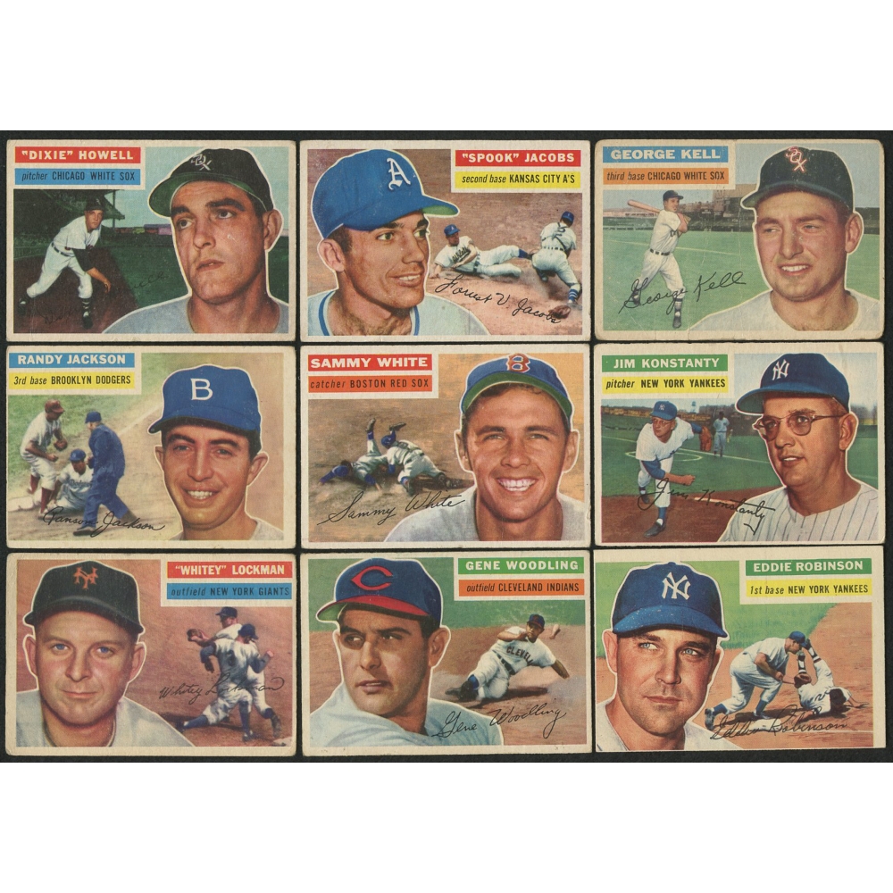 Lot of (9) 1956 Topps Baseball Cards With #149 Dixie Howell, #151 Spook ...