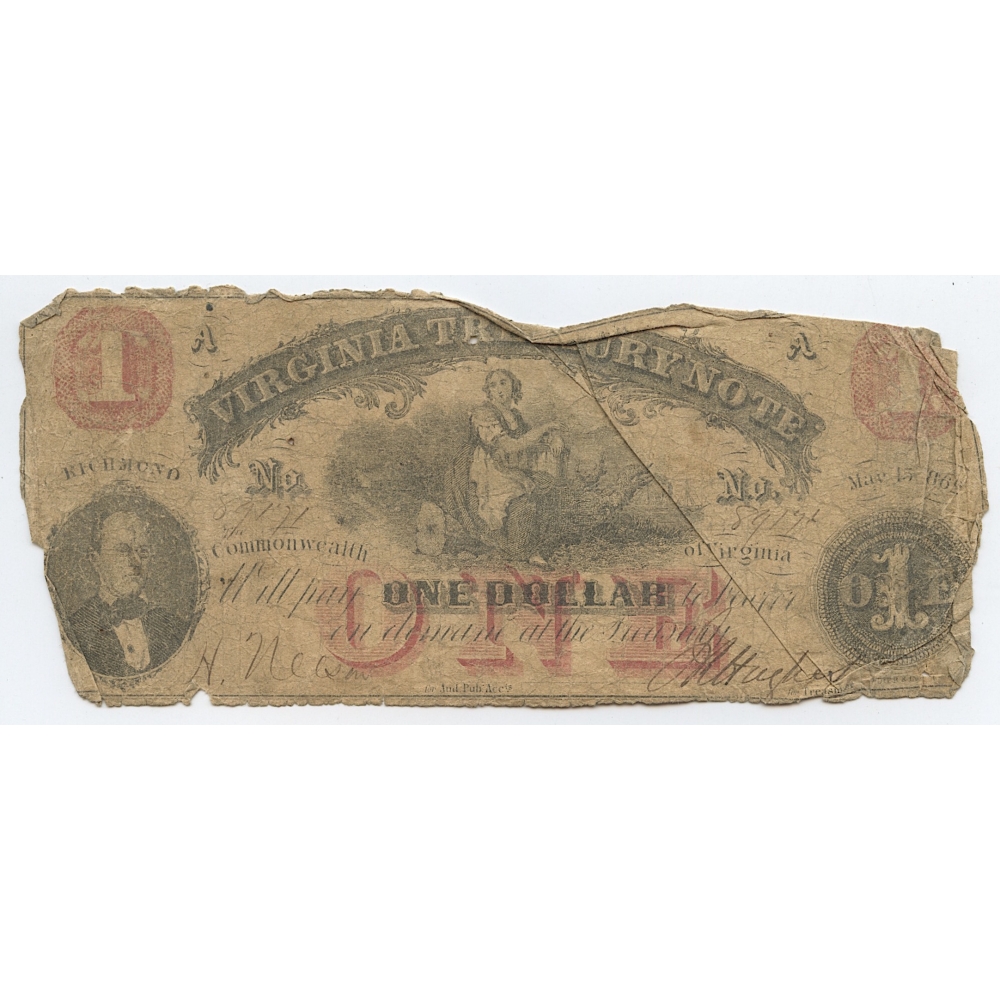 1862 $1 One Dollar Richmond, VA - Commonwealth of Virginia Bank Note ...