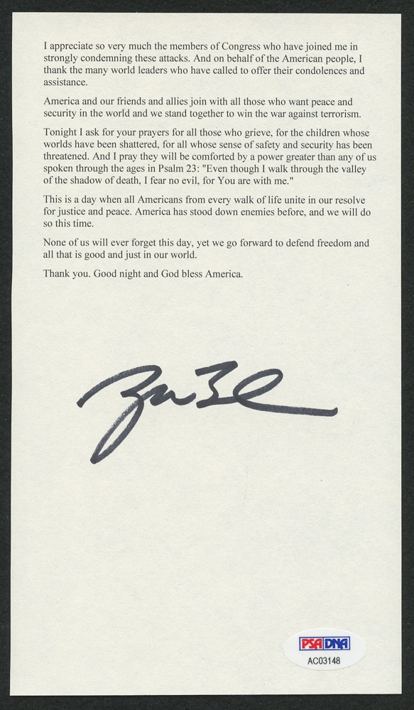George W. Bush Signed 911 Ground Zero Speech (PSA LOA) | Pristine Auction