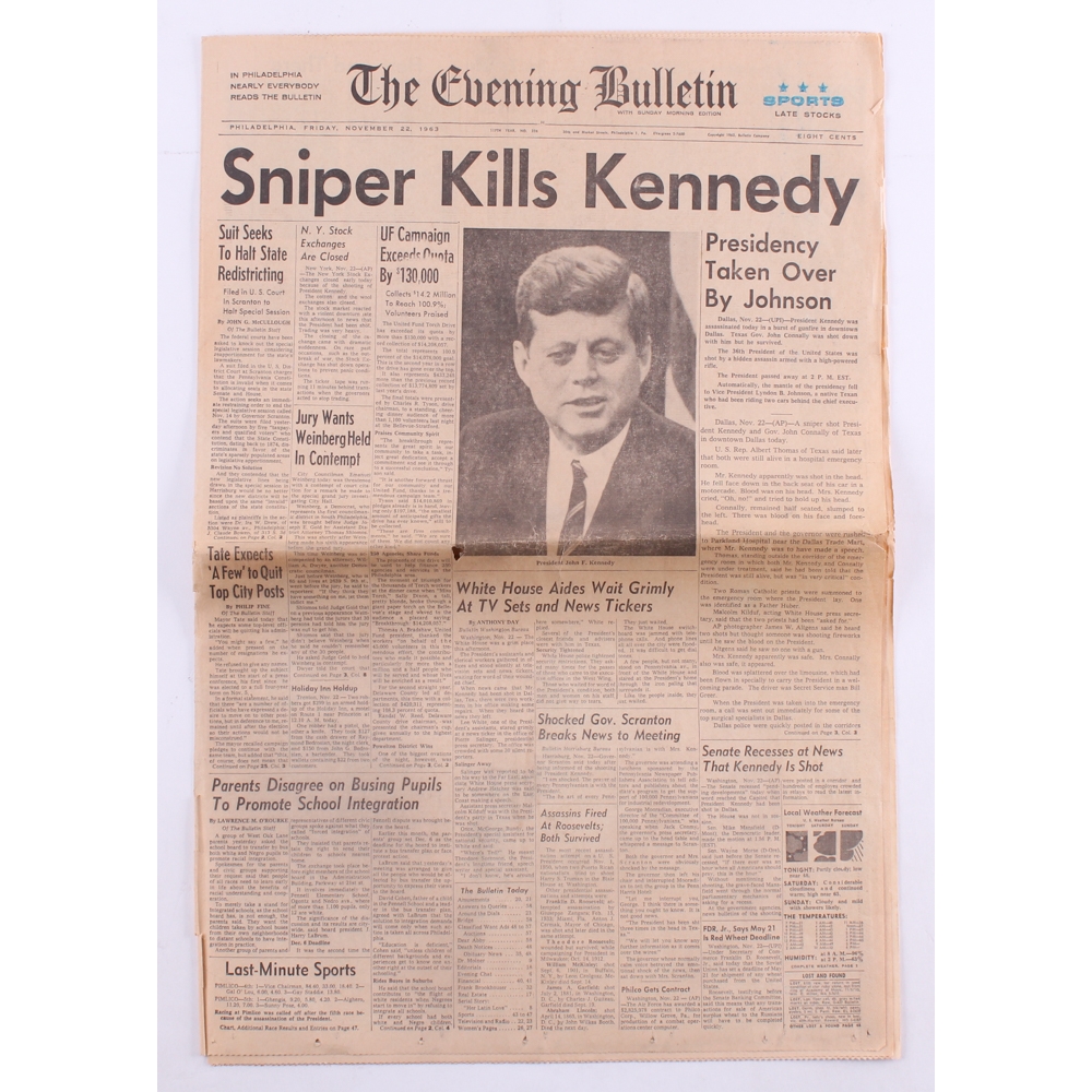 Original Vintage 1963 Newspaper "Sniper Kills Kennedy" | Pristine Auction